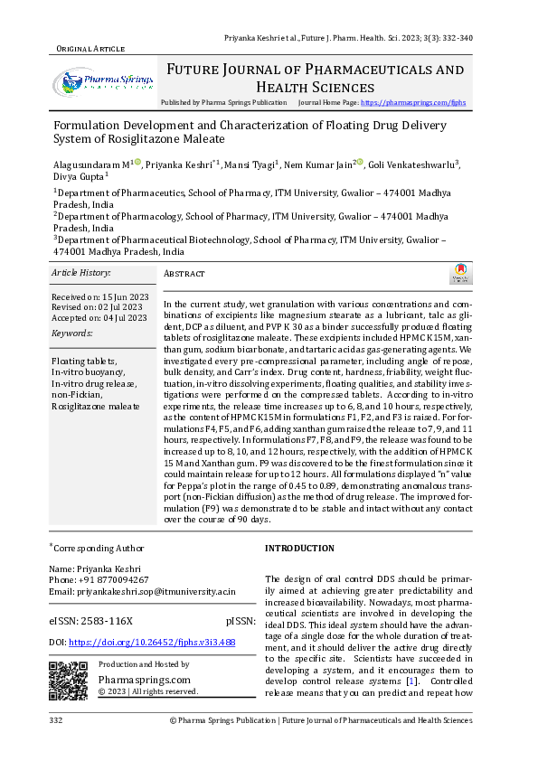 Pdf Formulation Development And Characterization Of Floating Drug Delivery System Of