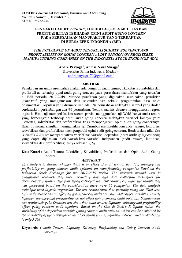 (PDF) Pengaruh Audit Tenure, Likuiditas, Solvabilitas Dan Profitabilitas Terhadap Opini Audit ...