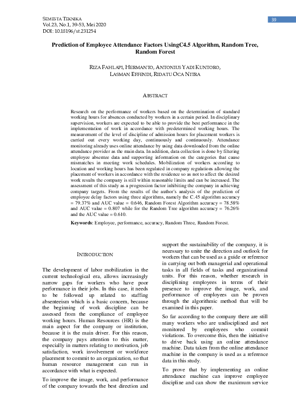 (PDF) Prediction of Employee Attendance Factors Using C4.5 Algorithm, Random Tree, Random Forest