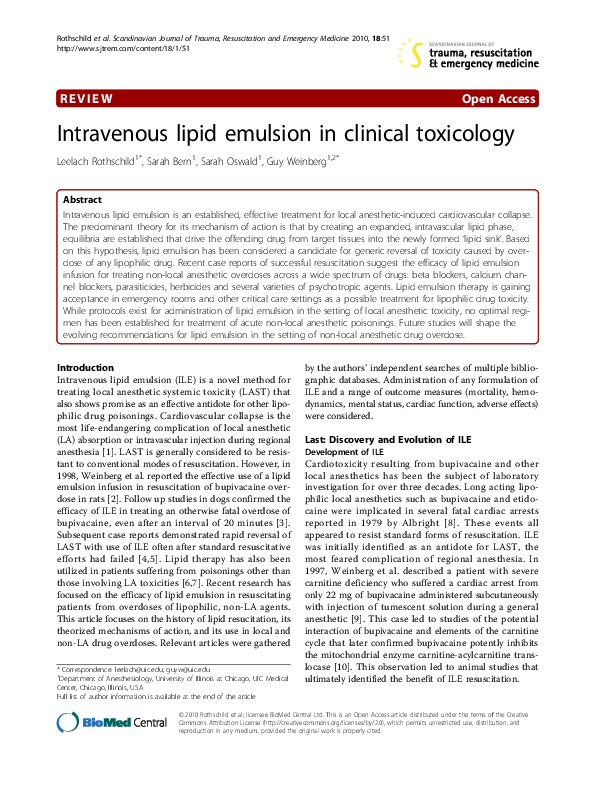 (PDF) Intravenous lipid emulsion in clinical toxicology