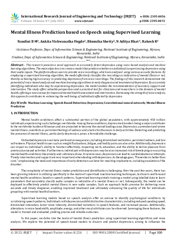 (PDF) Mental Illness Prediction based on Speech using Supervised Learning