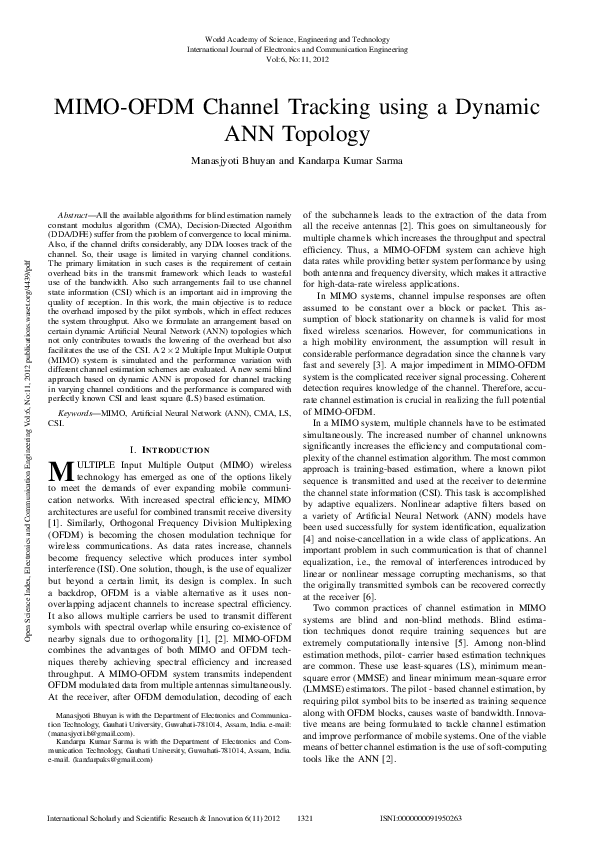 (PDF) Mimo-Ofdm Channel Tracking Using A Dynamic Ann Topology