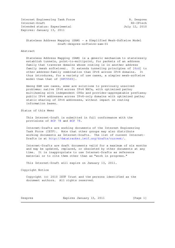 (PDF) Stateless Address Mapping (SAM) - a Simplified Mesh-Softwire Model