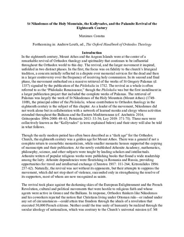 (PDF) St Nikodemos of the Holy Mountain and the Palamite Revival of the ...