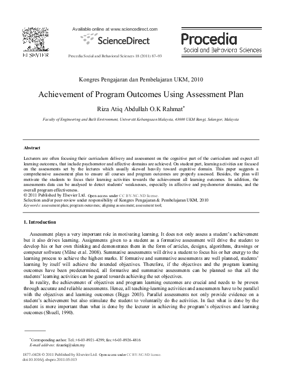 (PDF) Achievement of Program Outcomes Using Assessment Plan