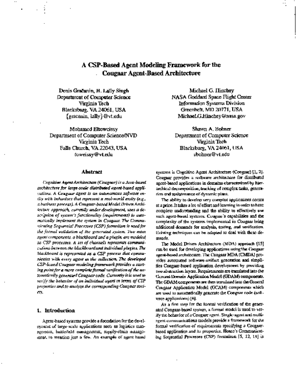 (PDF) A CSP-Based Agent Modeling Framework for the Cougaar Agent-Based Architecture