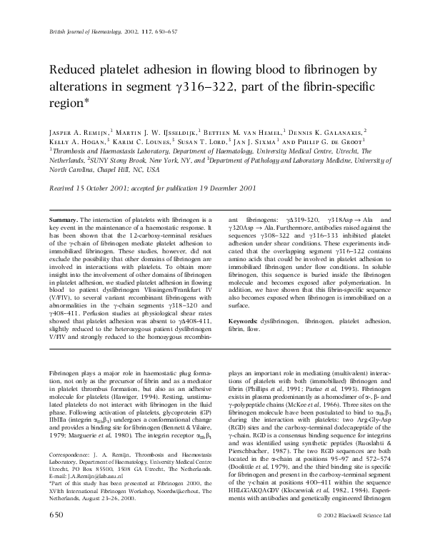 (PDF) Reduced platelet adhesion in flowing blood to fibrinogen by ...