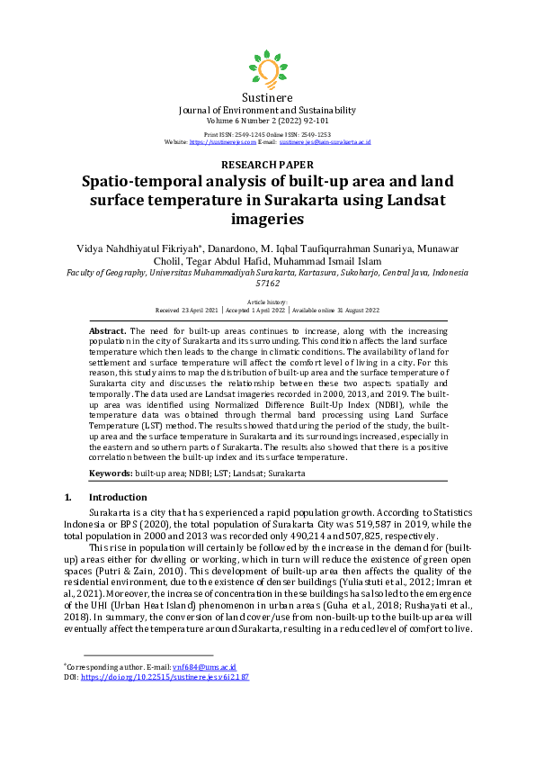 Pdf Spatio Temporal Analysis Of Built Up Area And Land Surface Temperature In Surakarta Using