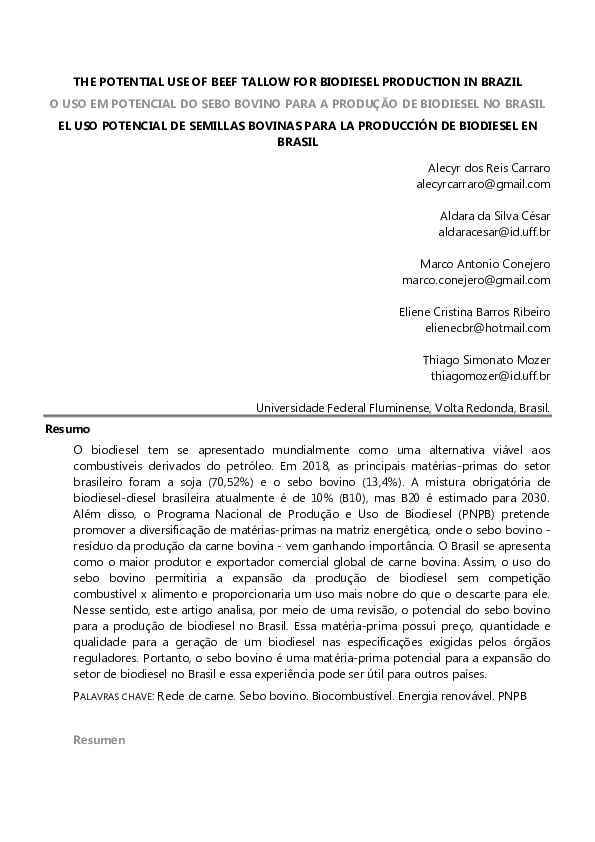 (PDF) The Potential Use of Beef Tallow for Biodiesel Production in Brazil