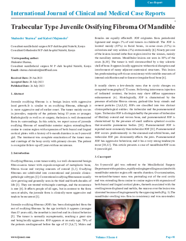 (PDF) Trabecular Type Juvenile Ossifying Fibroma Of Mandible
