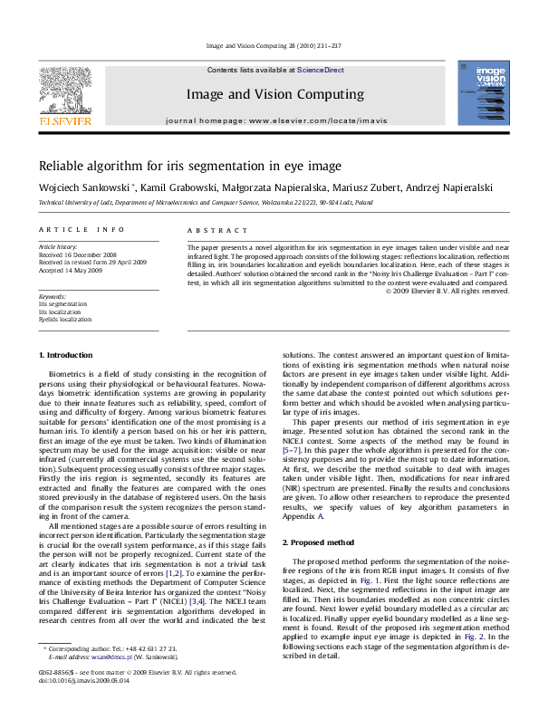 (PDF) Reliable algorithm for iris segmentation in eye image