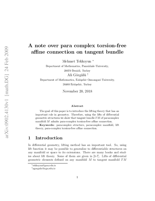 (PDF) A note over para complex torsion-free affine connection on tangent bundle
