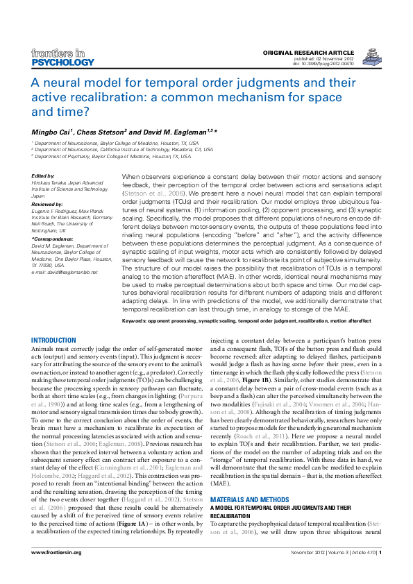 (PDF) A Neural Model for Temporal Order Judgments and Their Active ...