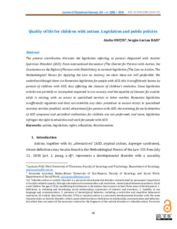 (PDF) Quality of life for children with autism. Legislation and public ...