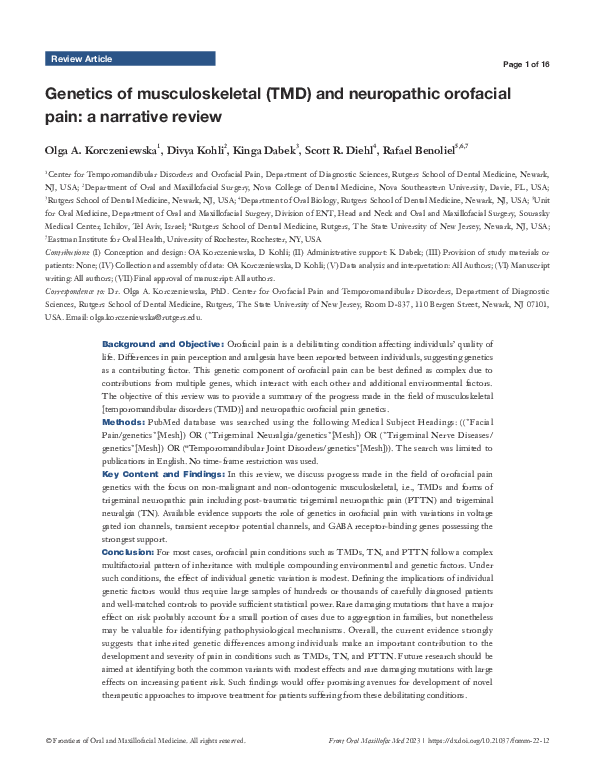 (PDF) Genetics of musculoskeletal (TMD) and neuropathic orofacial pain ...
