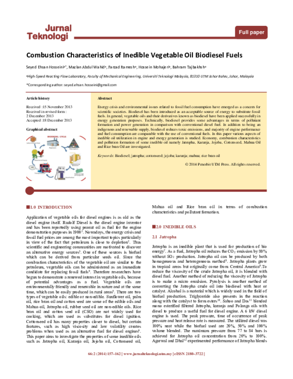 (PDF) Combustion Characteristics of Inedible Vegetable Oil Biodiesel Fuels