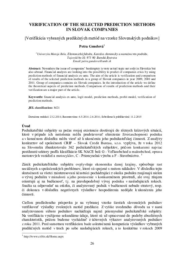 (PDF) Verification of the Selected Prediction Methods in Slovak Companies