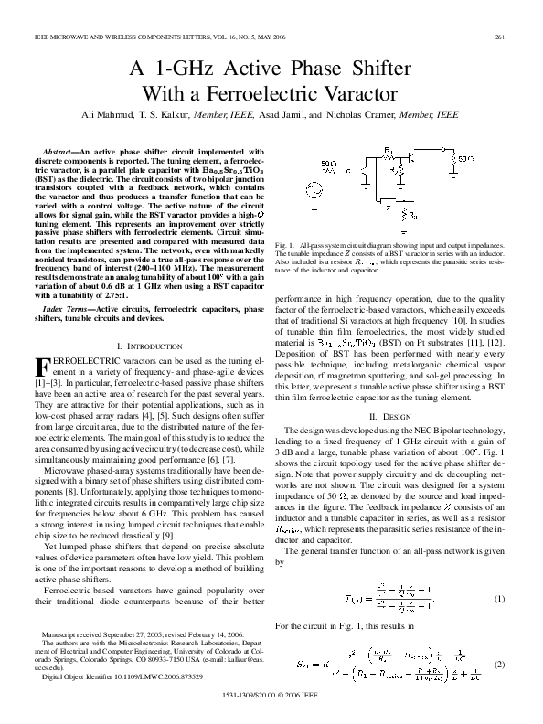 (PDF) A 1-GHz active phase shifter with a ferroelectric varactor