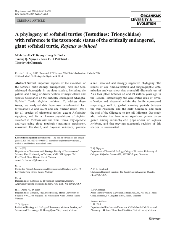 (PDF) A phylogeny of softshell turtles (Testudines: Trionychidae) with ...
