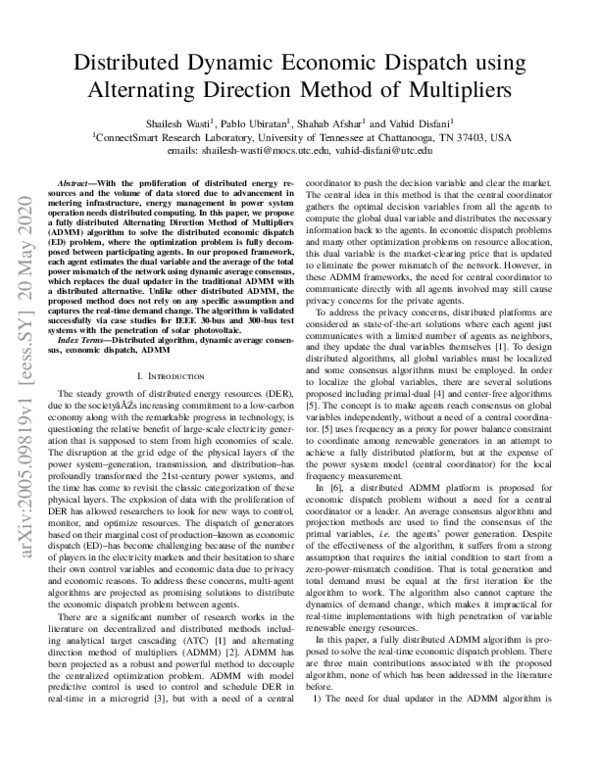 (PDF) Distributed Dynamic Economic Dispatch using Alternating Direction Method of Multipliers