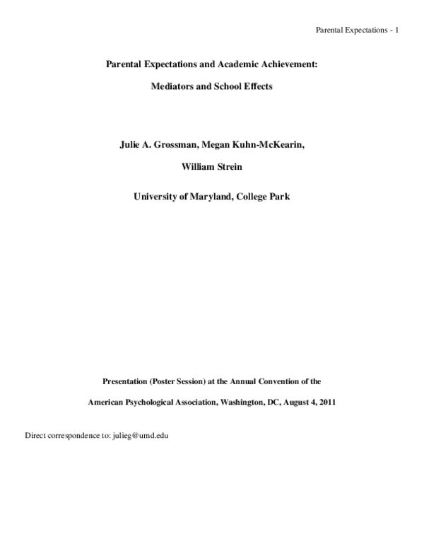 Pdf Parental Expectations And Academic Achievement Mediators And