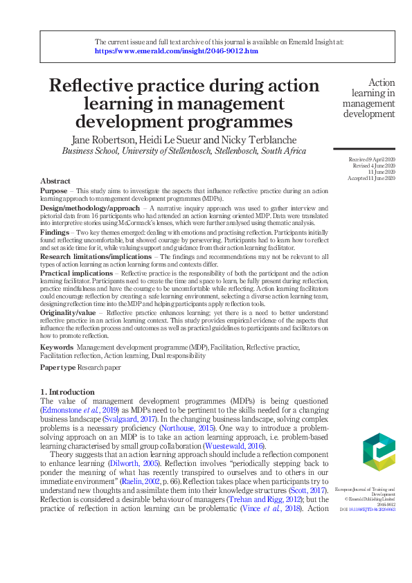 (PDF) Reflective practice during action learning in management ...