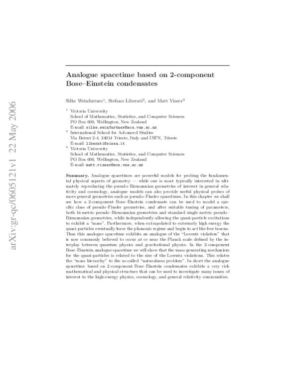 Pdf Analogue Space Time Based On 2 Component Bose Einstein Condensates Matt Visser