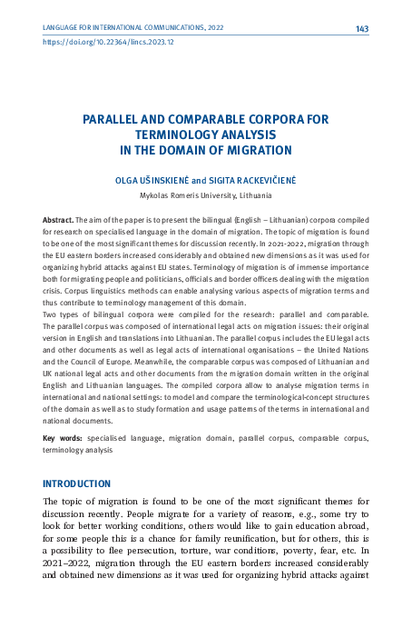(PDF) Parallel and Comparable Corpora for Terminology Analysis in the Domain of Migration