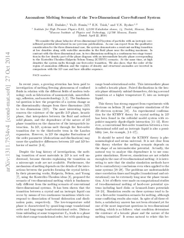 (PDF) Anomalous Melting Scenario of the Two-Dimensional Core-Softened System