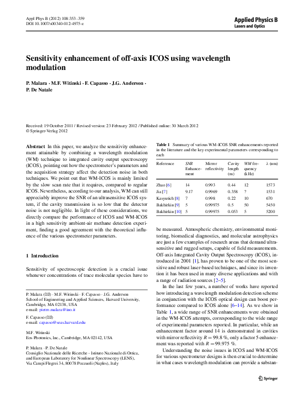 (PDF) Sensitivity enhancement of off-axis ICOS using wavelength modulation