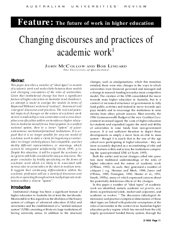 (PDF) Changing Discourses and Practices of Academic Work