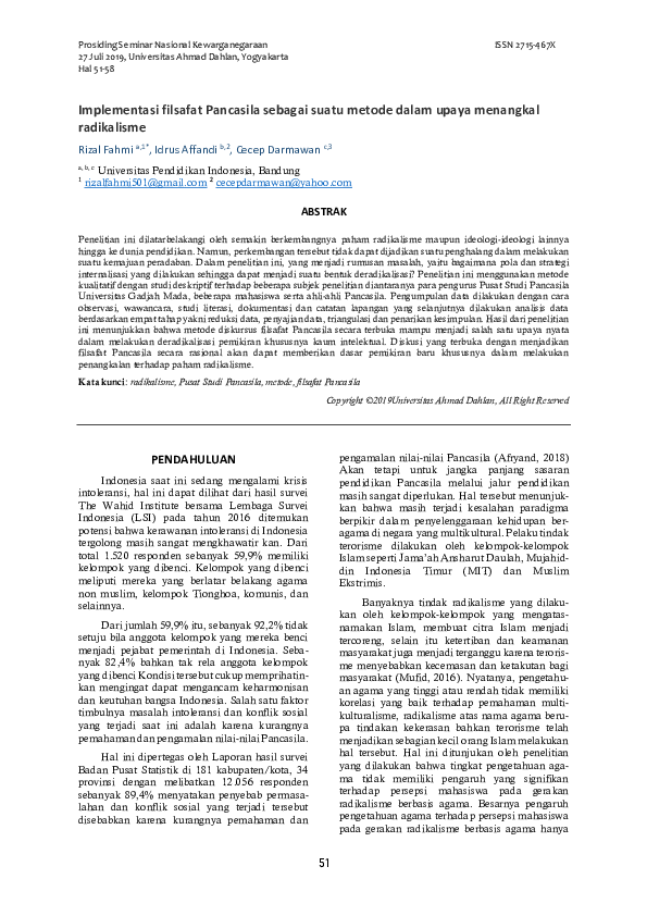 (PDF) Implementasi filsafat Pancasila sebagai suatu metode dalam upaya menangkal radikalisme