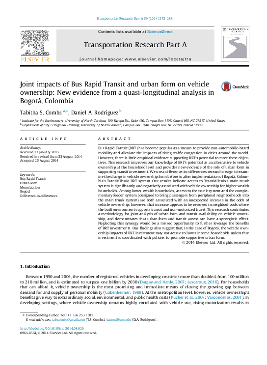 (PDF) Joint impacts of Bus Rapid Transit and urban form on vehicle ...