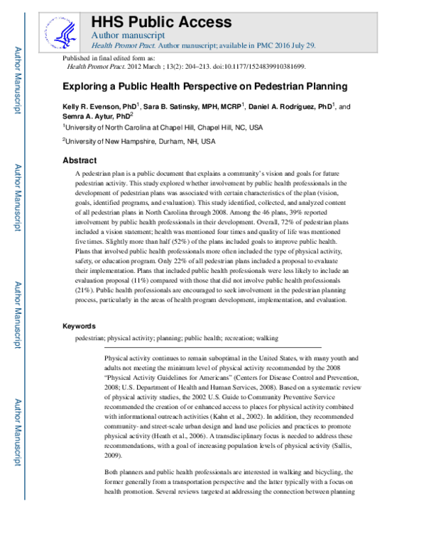 (PDF) Exploring a Public Health Perspective on Pedestrian Planning
