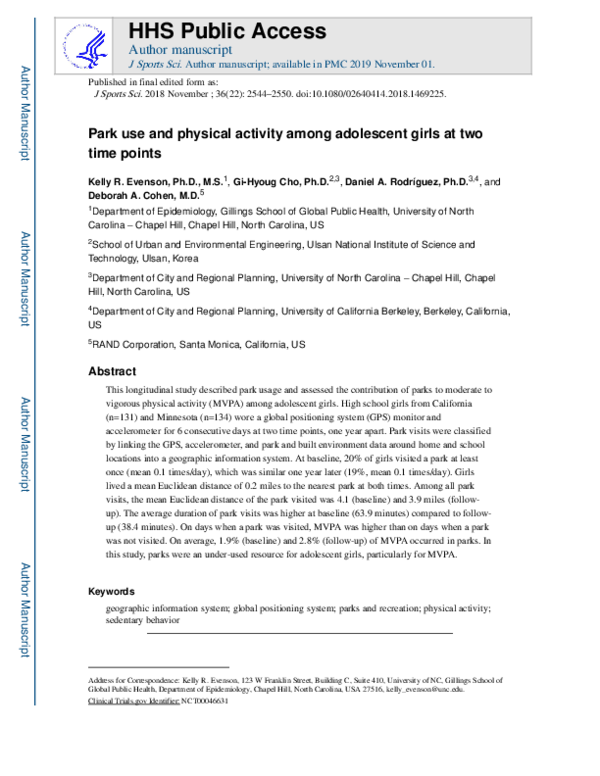 (PDF) Park use and physical activity among adolescent girls at two time points