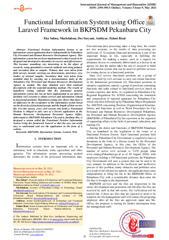 (PDF) Functional Information System using Office Laravel Framework in BKPSDM Pekanbaru City