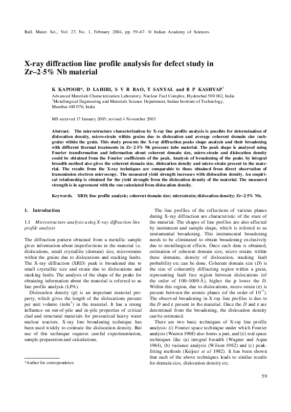 (PDF) X-ray diffraction line profile analysis for defect study in Zr-2. ...