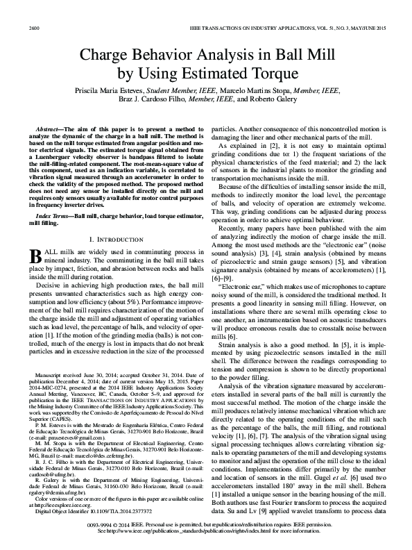 (PDF) Charge Behavior Analysis in Ball Mill by Using Estimated Torque