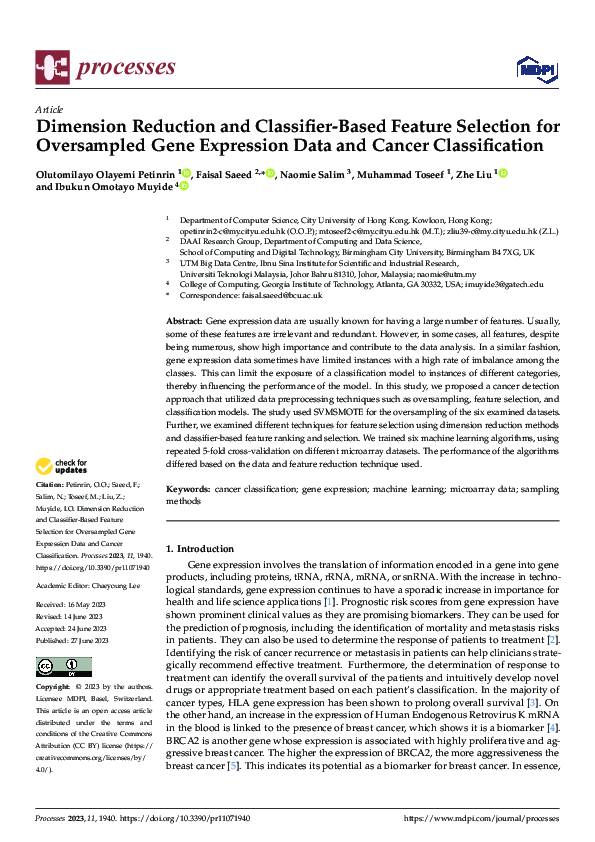 Pdf Dimension Reduction And Classifier Based Feature Selection For Oversampled Gene Expression