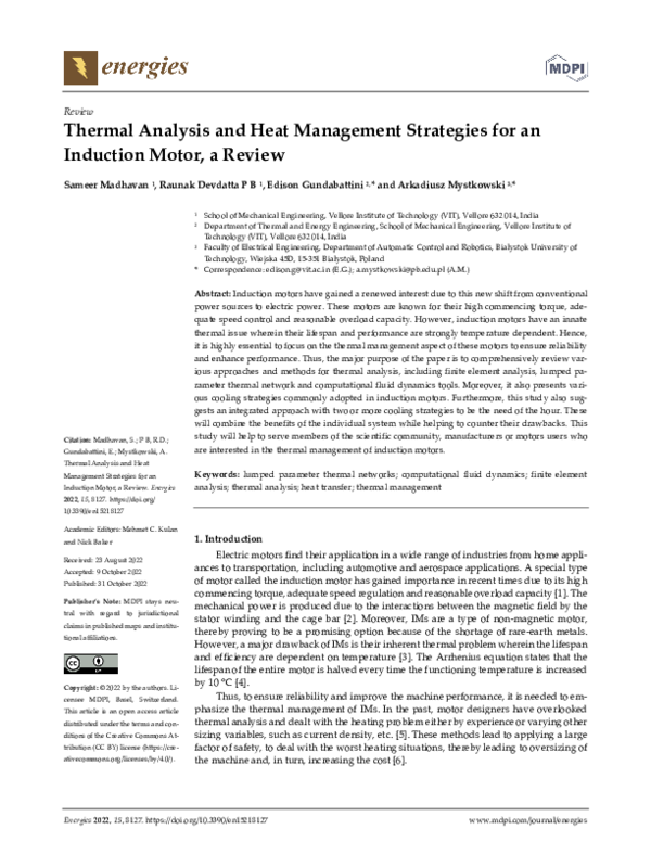 (PDF) Thermal Analysis and Heat Management Strategies for an Induction Motor, a Review