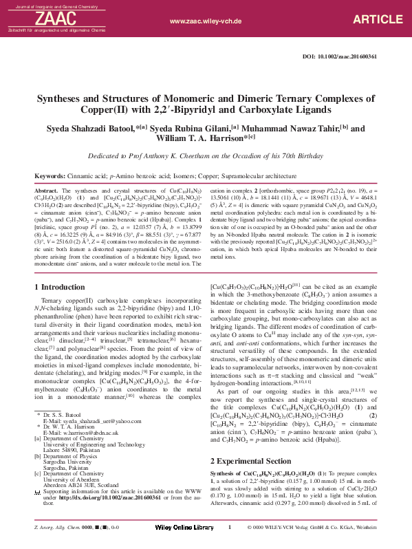 (PDF) Syntheses and Structures of Monomeric and Dimeric Ternary Complexes of Copper(II) with 2,2 ...