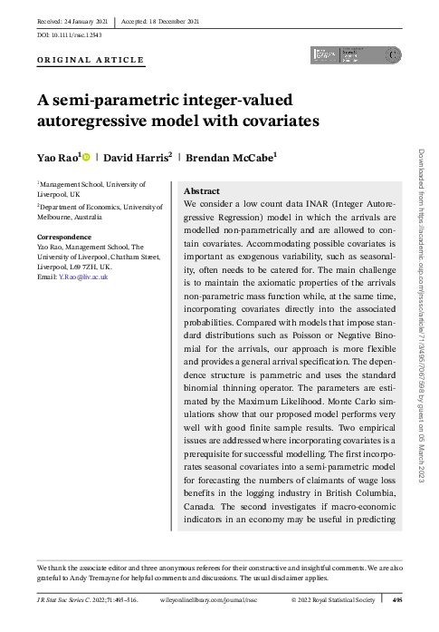(PDF) A Semi-Parametric Integer-Valued Autoregressive Model with Covariates