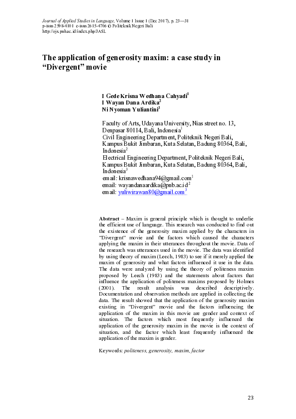 (PDF) The application of generosity maxim: a case study in “Divergent ...