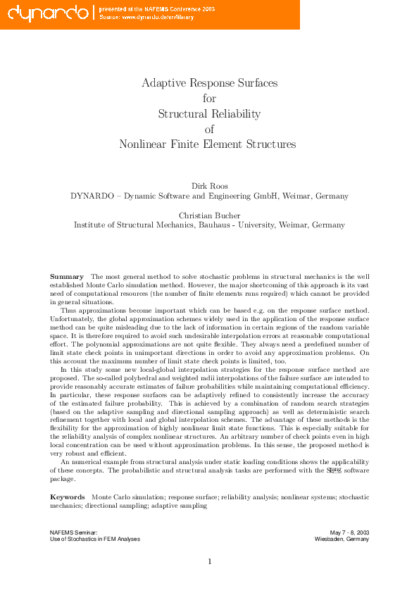 (PDF) Adaptive response surfaces for structural reliability of nonlinear finite element structures