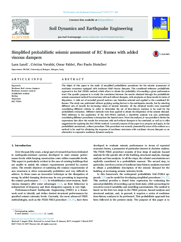 (PDF) Simplified probabilistic seismic assessment of RC frames with added viscous dampers