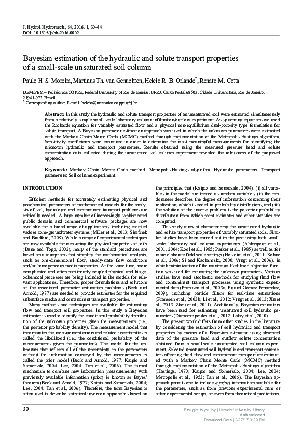 (PDF) Bayesian Estimation of Hydraulic and Solute Transport Parameters from Laboratory Soil ...