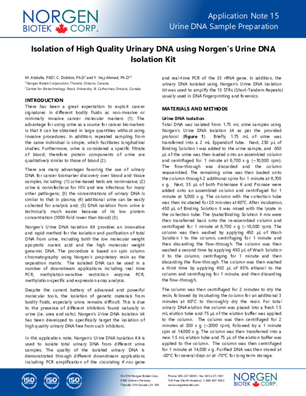 (PDF) Isolation of High Quality Urinary DNA Using Norgen's Urine DNA ...