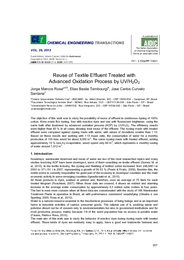 (PDF) Reuse of Textile Effluent Treated with Advanced Oxidation Process ...