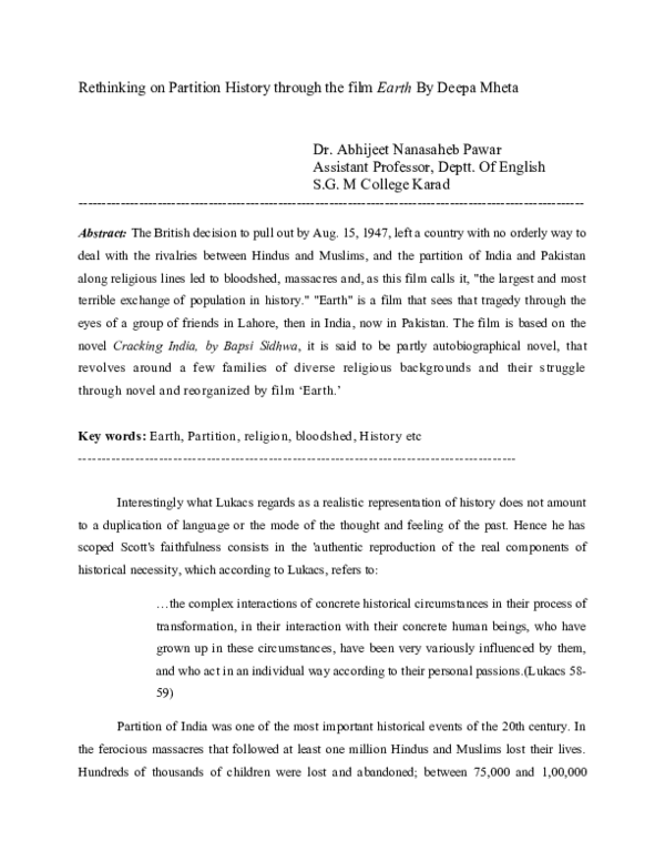 (DOC) Rethinking on Partition History through the film Earth By Deepa Mheta | Abhijeet Pawar ...