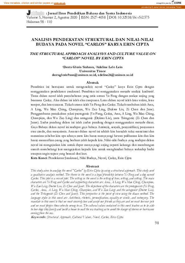 (PDF) Analisis Pendekatan Struktural Dan Nilai-Nilai Budaya Pada Novel Carlos Karya Erin Cipta